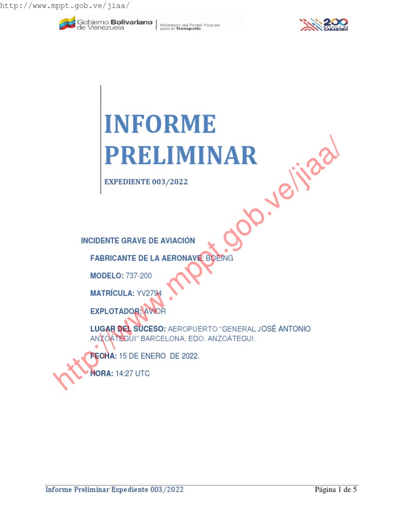 Informe Preliminar YV2794 | PDF | Aeropuerto | Aeronave