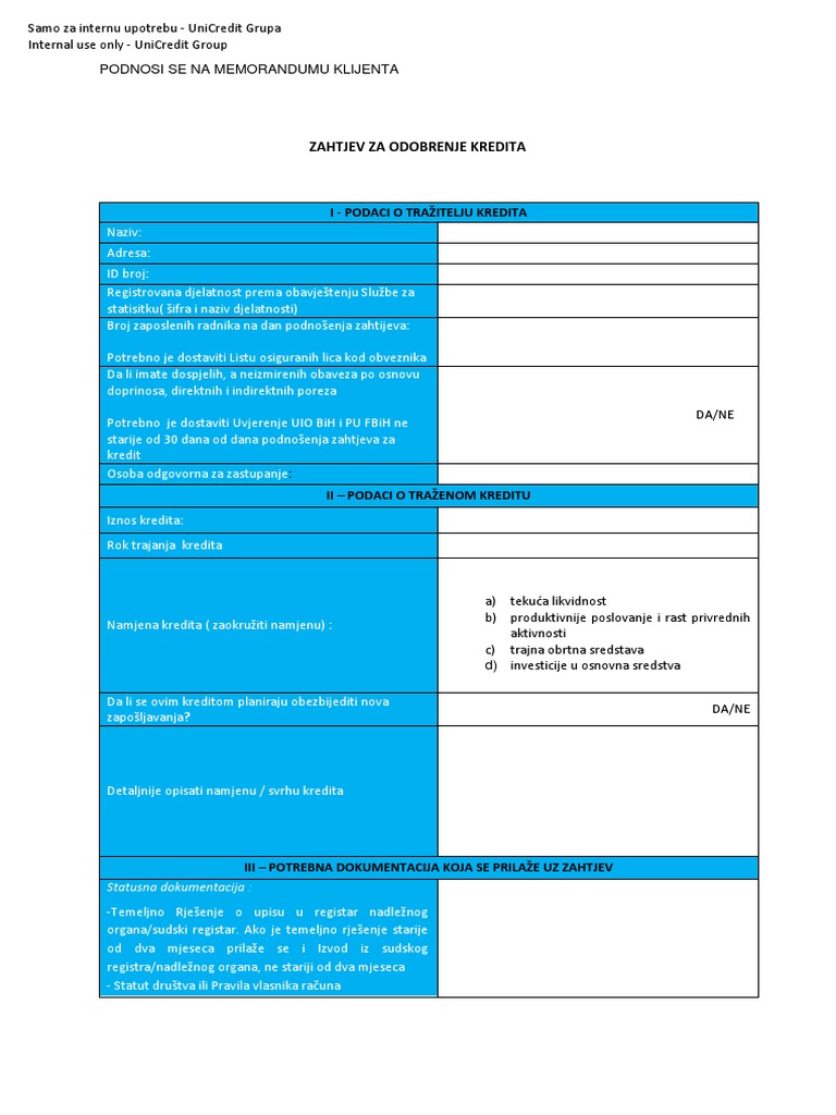 Zahtjev Za Odobrenje Kredita | PDF