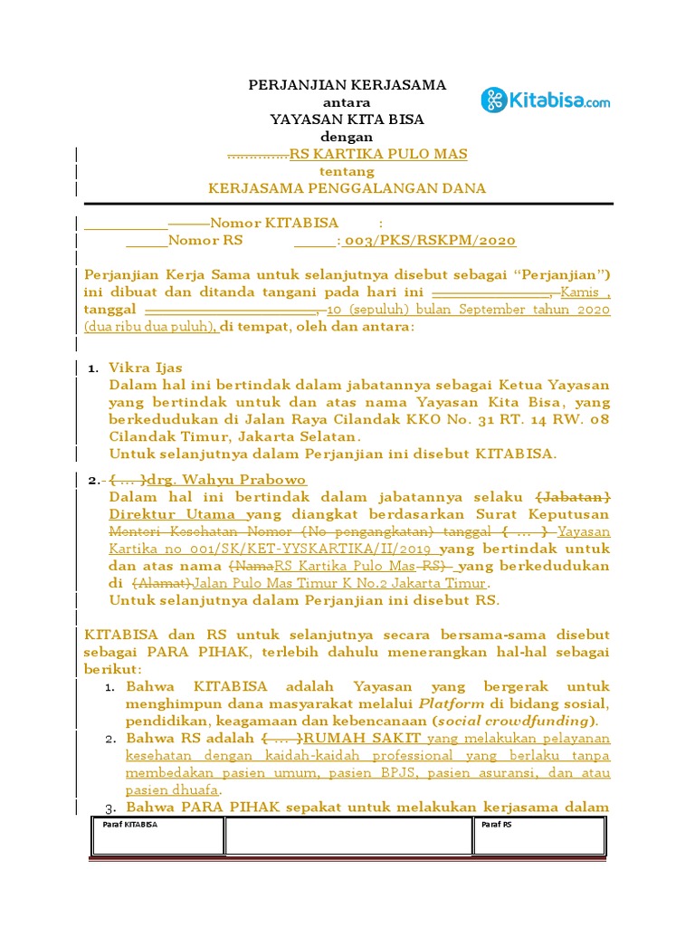 Draft PKS Medical Partnership X Partner RSKPM Dan Kitabisa | PDF