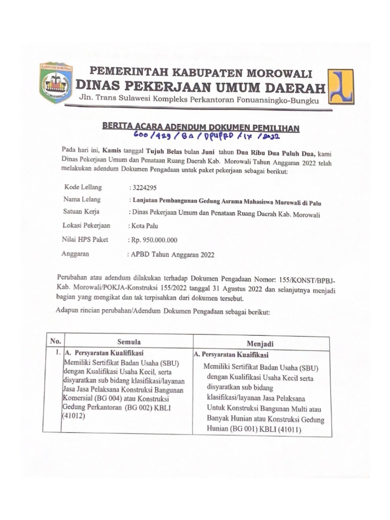 BA. Adendum Dokumen Pemilihan | PDF