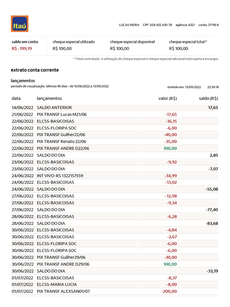 Extrato bancário detalhado com movimentações da conta corrente de Lucas ...