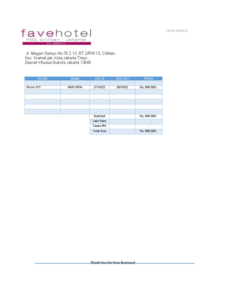 Templates Hotel Invoice Word | PDF