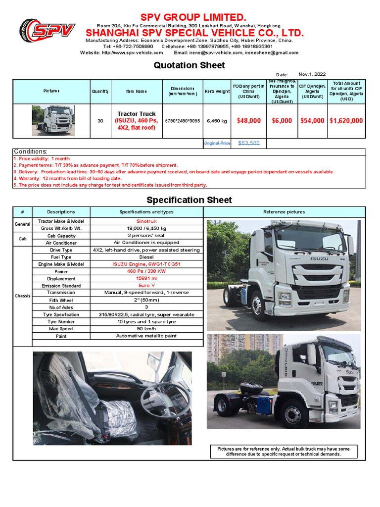 SPV Quotation For Tractor Truck (ISUZU, 460 PS, 4X2, Flat Roof) | PDF ...