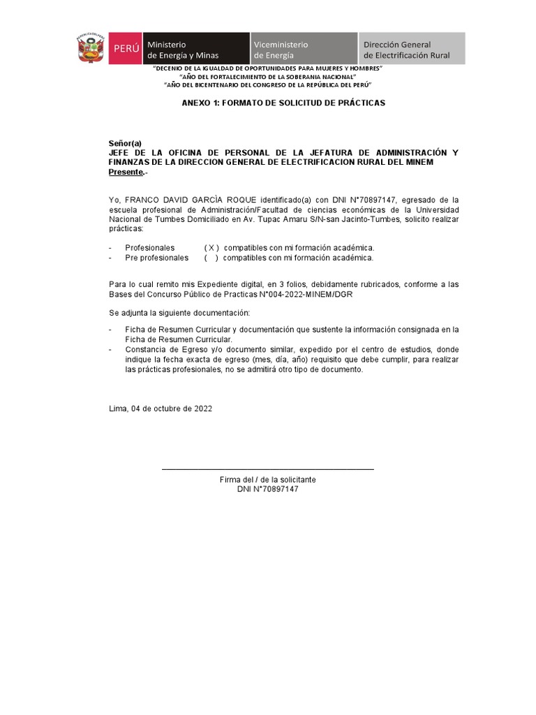 FORMATO - SOLICITUD - DE - PRACTICAS 2022 (Formato en Word y Se Envia en PDF | PDF