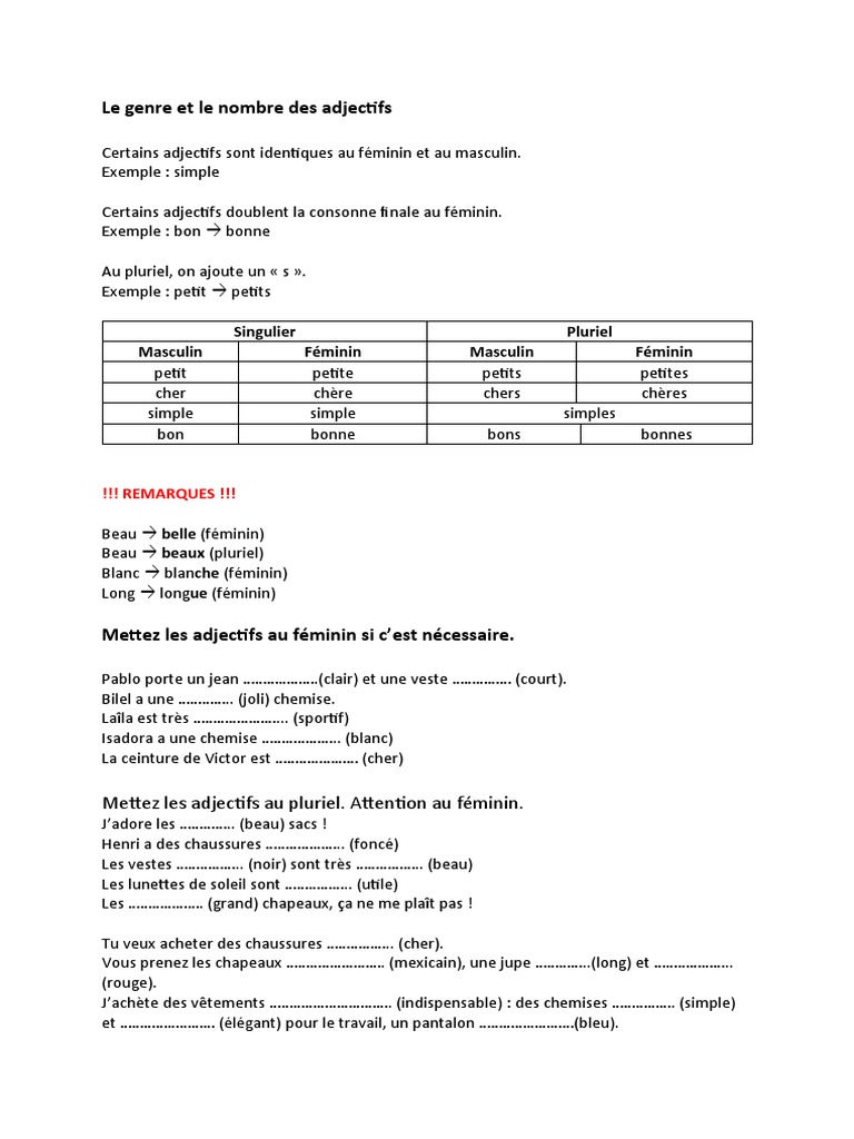 Genre et nombre des adjectifs | PDF | Genre grammatical | Vêtements