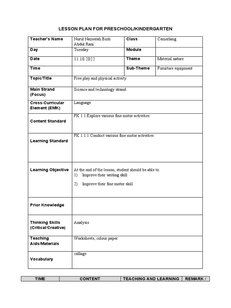 1.1 Lesson Plan Template For Kindergarten | PDF | Teaching Method ...