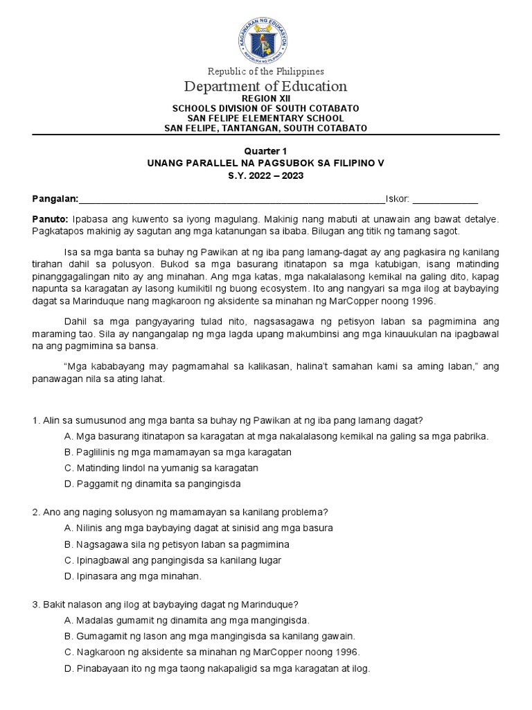 1st Parallel Assessment in Filipino 5 | PDF