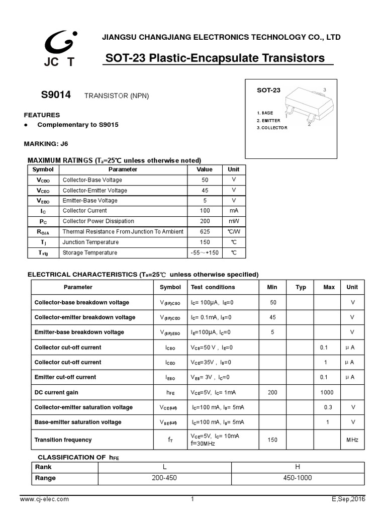S9014 TRANSISTOR NPN SOT 23 (50V-100mA-200HFE) | PDF | Bipolar Junction ...