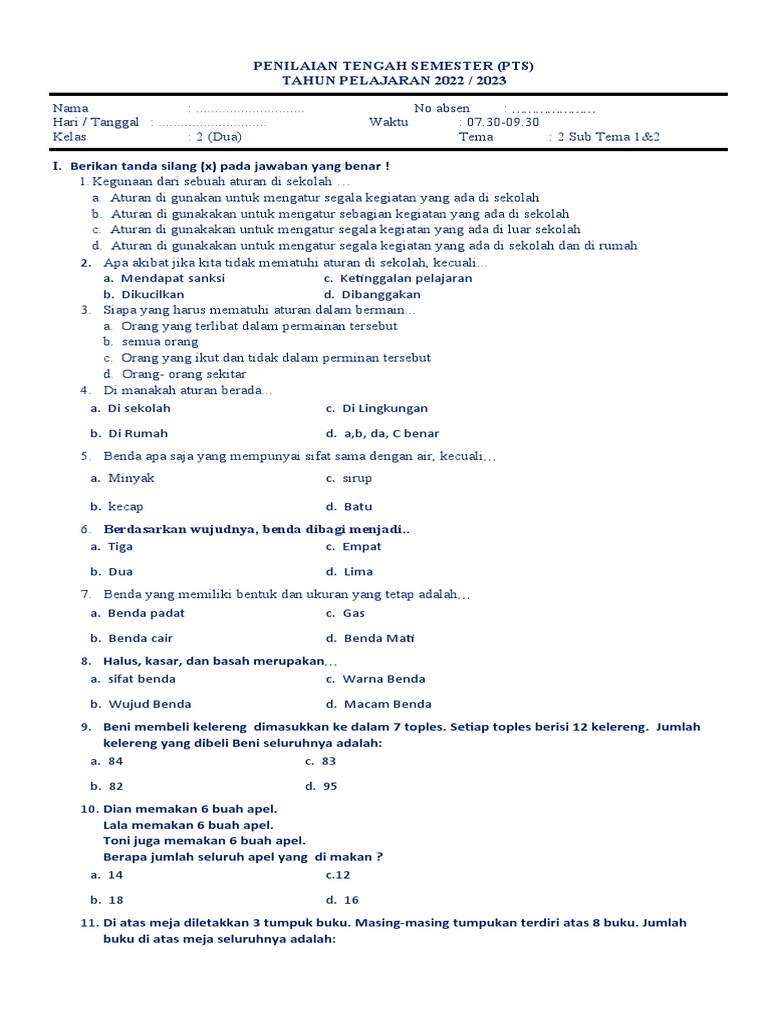 Soal PTS Kls 2 Tema 2 Sub 1&2 | PDF