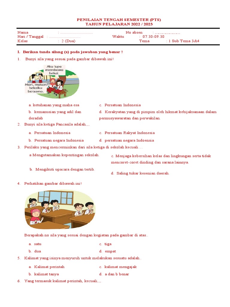 Soal PTS Kls 2 Tema 1 Sub 3&4 | PDF | Seni & Disiplin Bahasa | Metode & Bahan Ajar