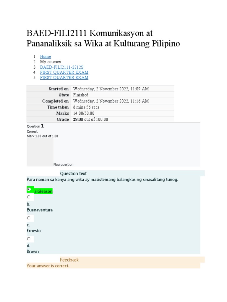 Fili2111 1ST Quarter Exam | PDF | Tagalog Language | Human Communication