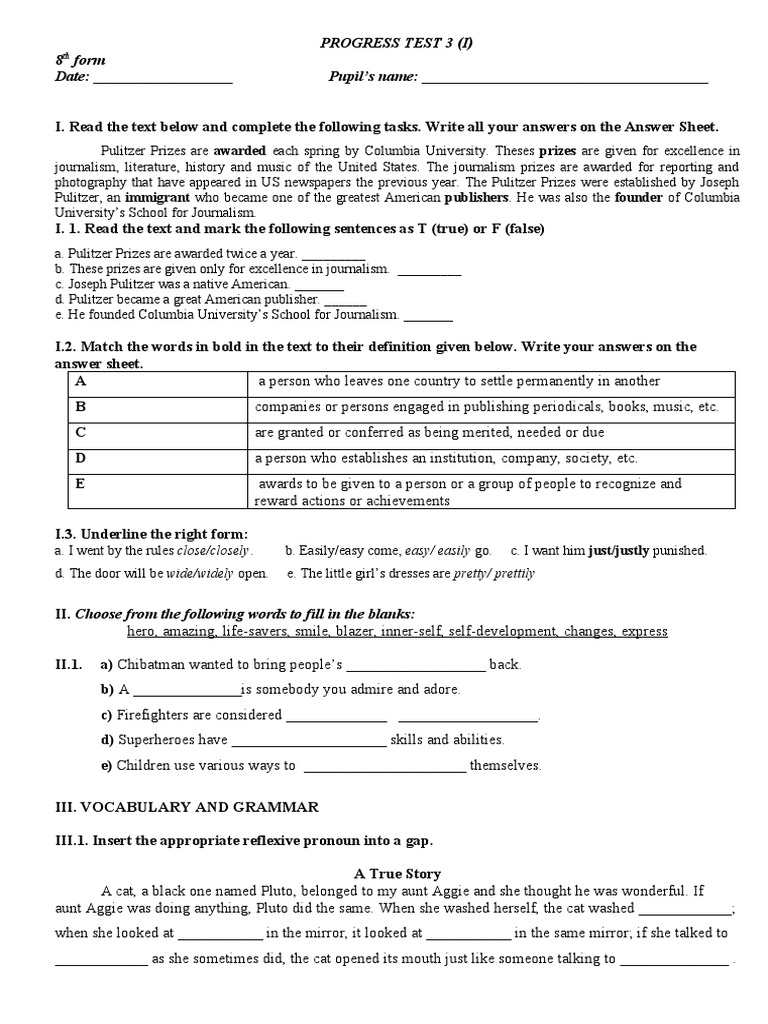 8th Form Progress Test 3 | PDF | Pronoun | Linguistics