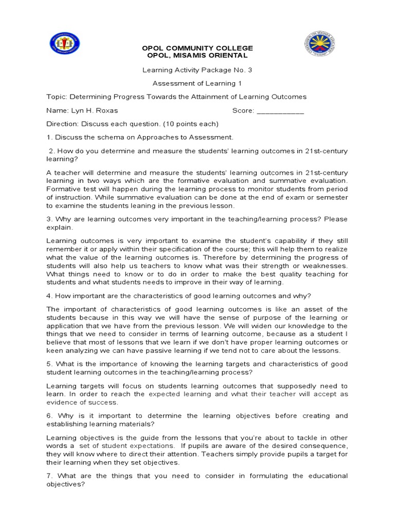 Lyn Roxas - LAP No. 3-Assessment of Learning 1 | PDF | Learning | Teaching Method