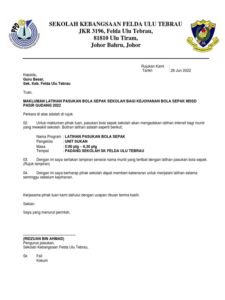 Surat Kebenran Latihan Bola Sepak | PDF