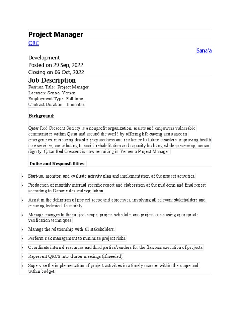 Project Manager QRS | PDF | Emergency Management | Experience