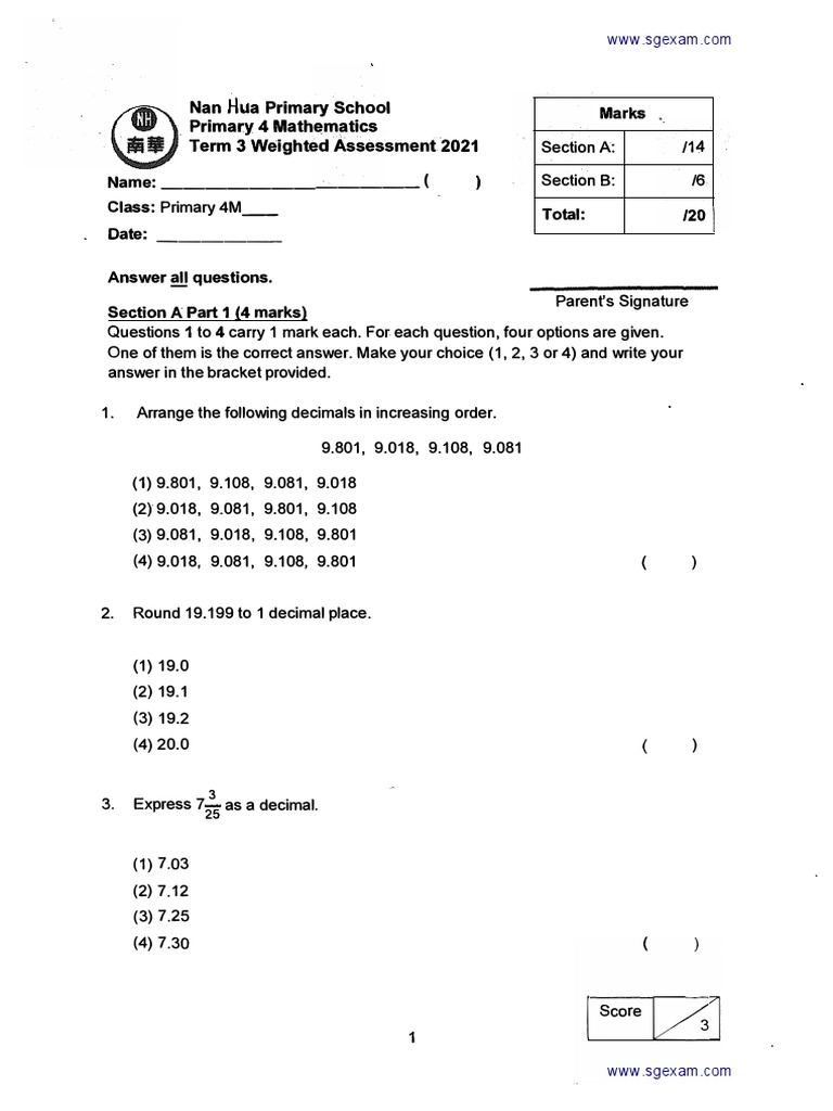 2021-P4-Maths-CA2-Nan Hua | PDF | Mathematics | Arithmetic