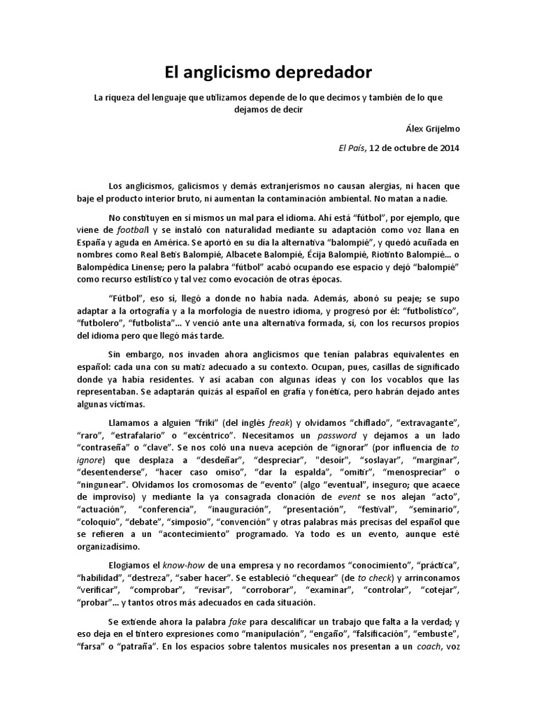 El Anglicismo Depredador | PDF | Asociación de Futbol | Lingüística