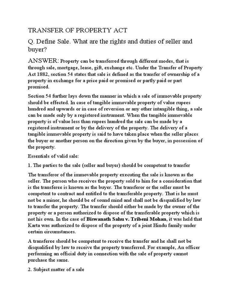 TRANSFER OF PROPERTY ACT Unit-4 | PDF | Property | Sales