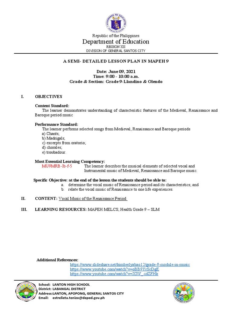 Lesson Plan Mapeh | PDF | Learning | Lesson Plan