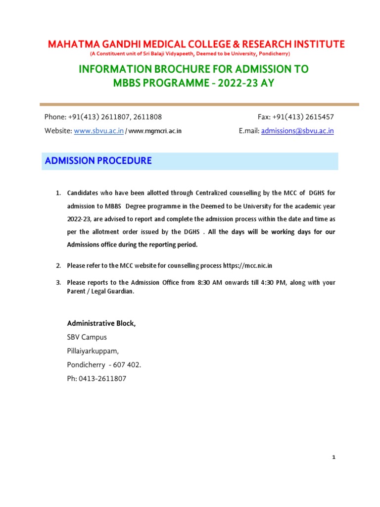 Information Brochure for Admission to MBBS Programme at Mahatma Gandhi ...