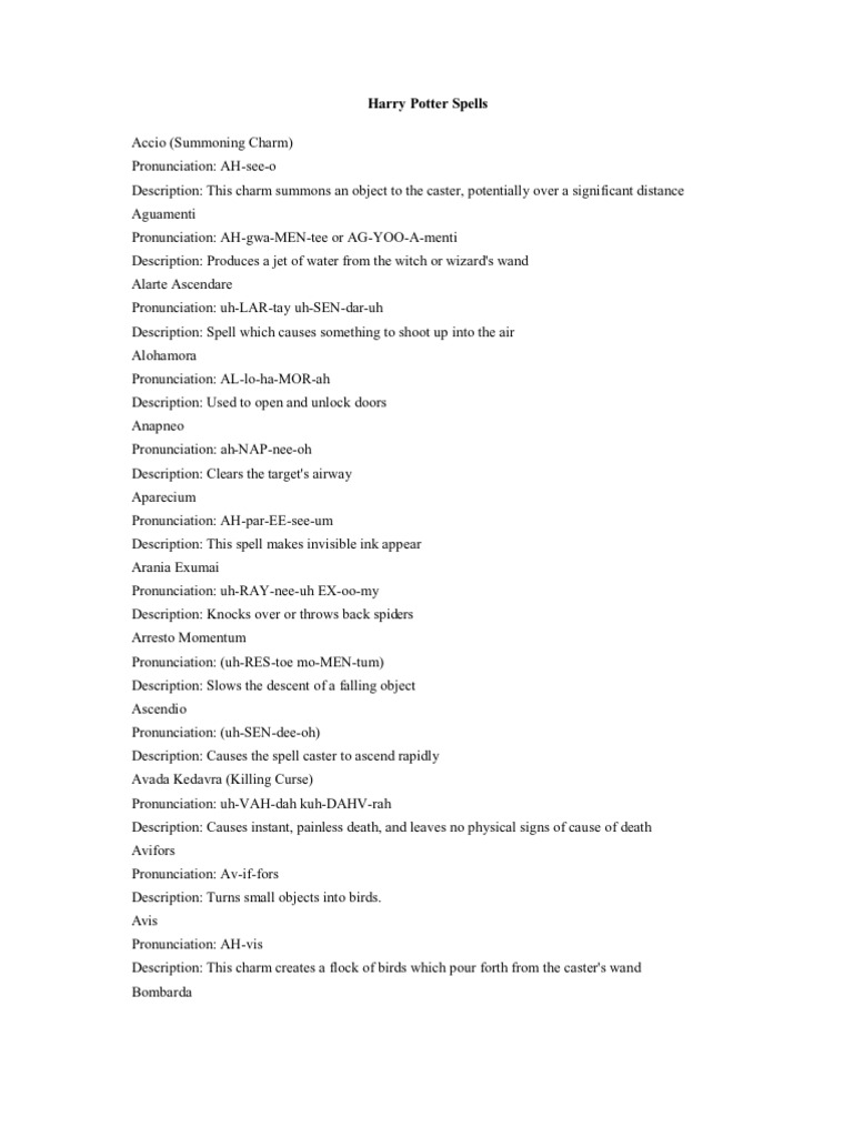 Harry Potter Spells and Pronunciations | PDF | Art