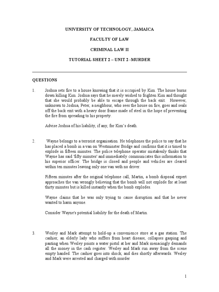 Criminal Law II Tutorial Sheet On Murder Utech Jamaica | PDF | Murder | Crimes