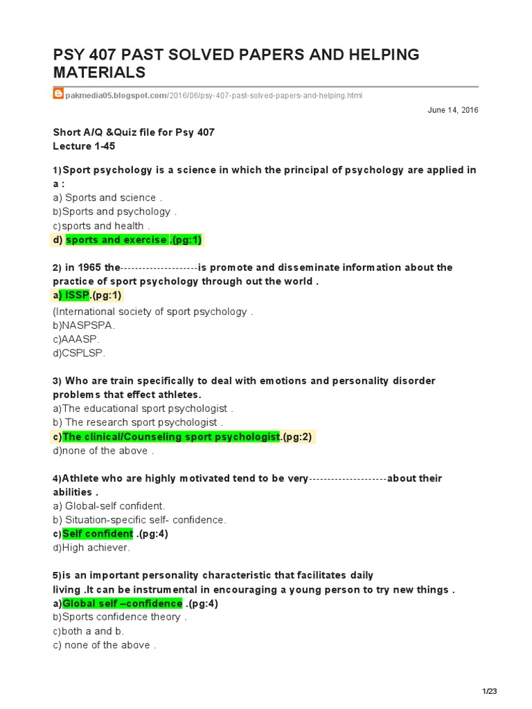 Psy 407 Past Solved Papers and Helping Materials | PDF | Motivational ...