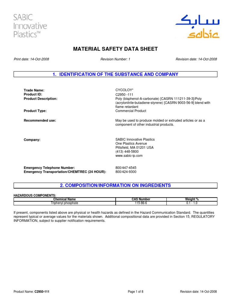 CYCOLOY™ FR Resins - C2950 - Asia - MSDS | PDF | Firefighting ...