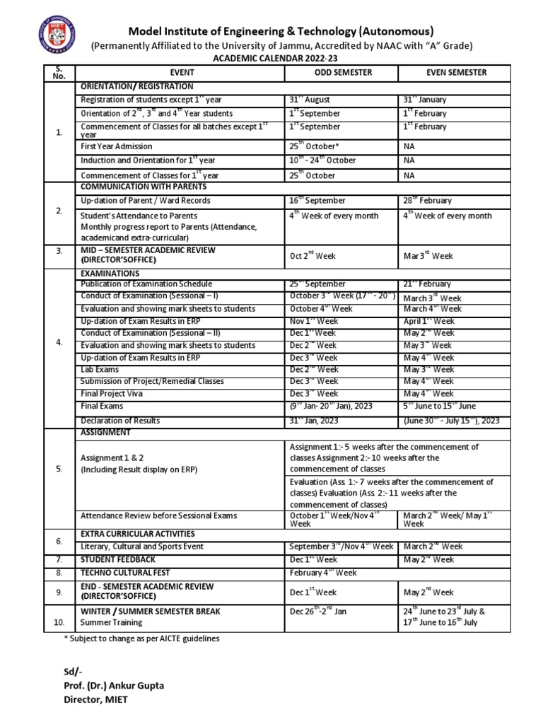 MIET Academic Calendar 2022-23-3 | PDF | Academic Term | Educational Organizations