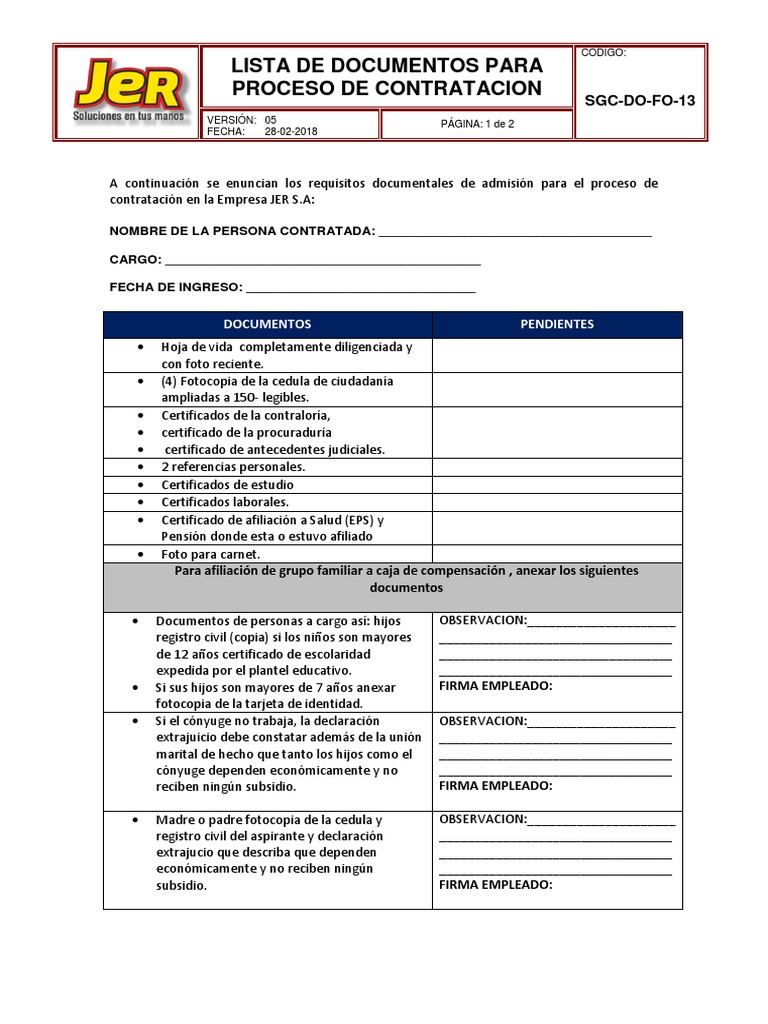 Lista de Documentos para Proceso de Contratacion | PDF | Gobierno y personalidad