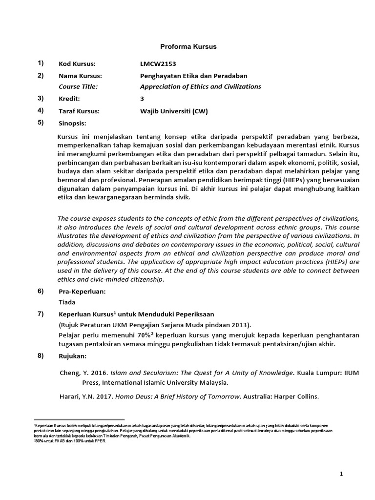 Proforma Kursus LMCW2153 Penghayatan Etika Dan Peradaban | PDF
