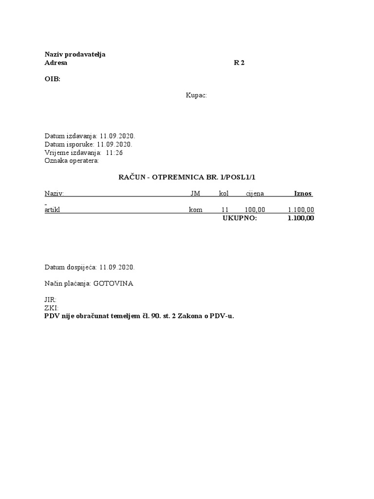 Račun GOTOVINSKI | PDF