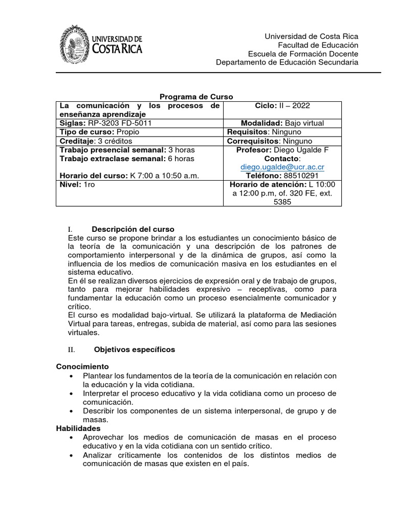 FD-5011-II-2022 - Comunicación y Procesos Prof Diego Ugalde | PDF | Costa Rica | Comunicación