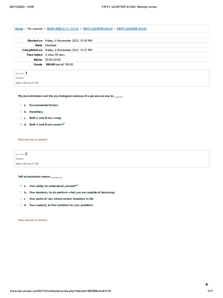 FIRST QUARTER EXAM - Attempt Review Perdev | PDF | Adolescence | Self Concept