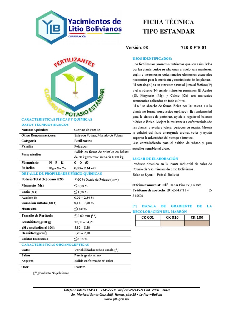 Ficha Técnica KCl Tipo Estandar | PDF | Fertilizante | Calcio