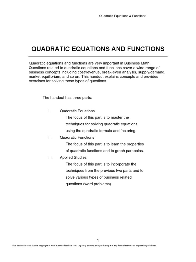 Quadratic Equations and Functions | Download Free PDF | Quadratic ...