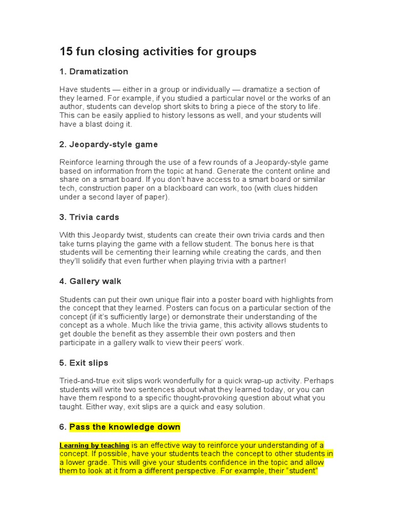 15 Fun Closing Activities For Groups | PDF | Concept | Learning
