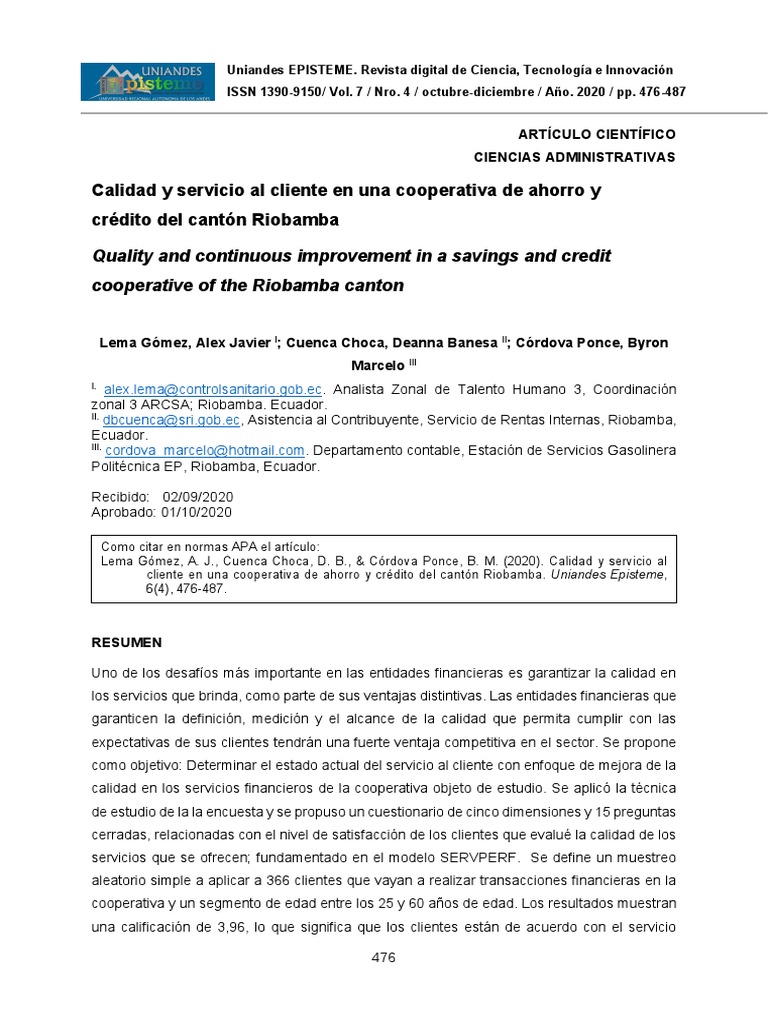 Calidad y Servicio Al Cliente en Una Cooperativa de Ahorro y Crédito Del Cantón Riobamba | PDF ...