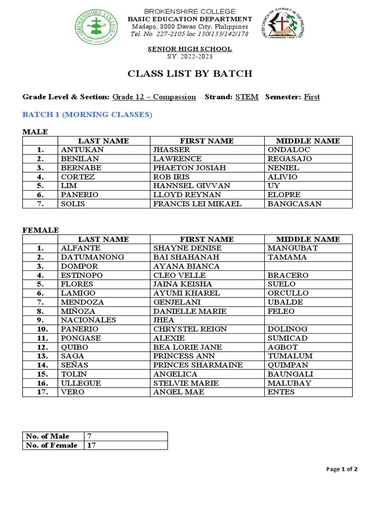 Grade 12 STEM Class List 2022-2023 | PDF