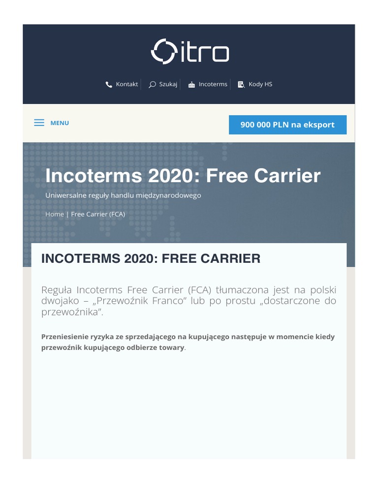 Free Carrier (FCA) - ITRO Export Solutions | PDF