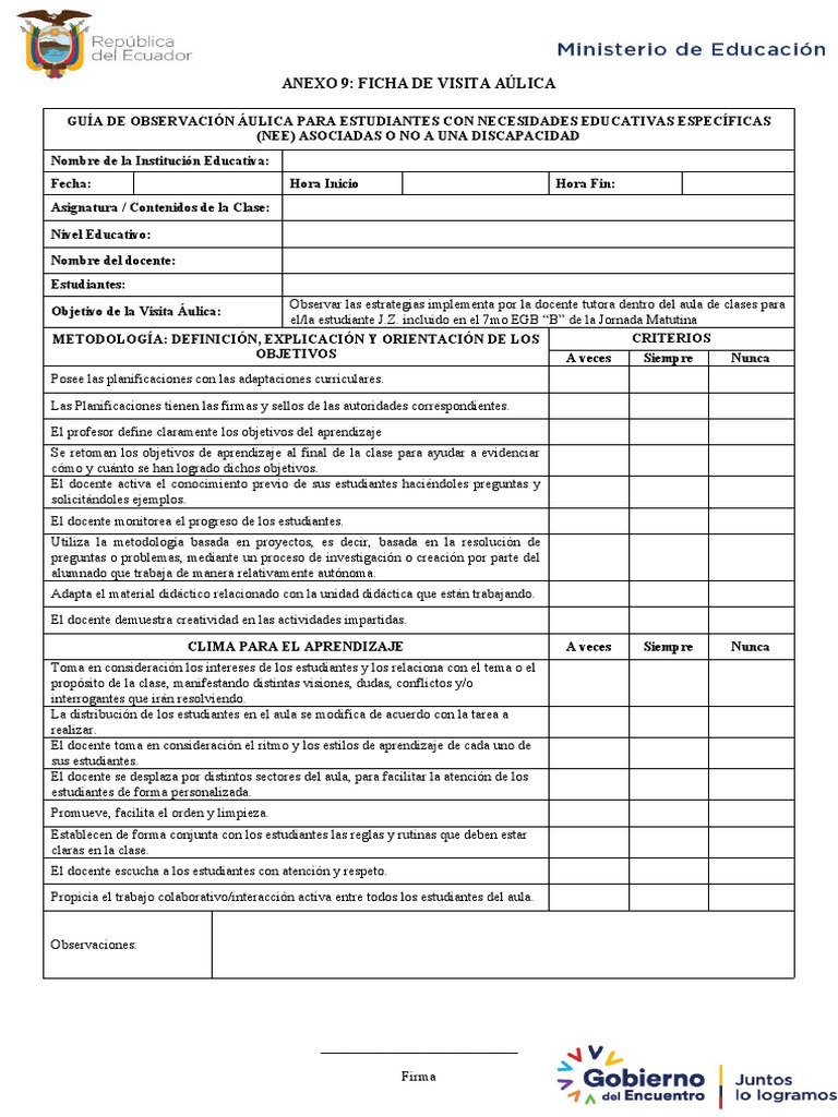 Ficha de Visita Aúlica para NEE | PDF | Salón de clases | Aprendizaje
