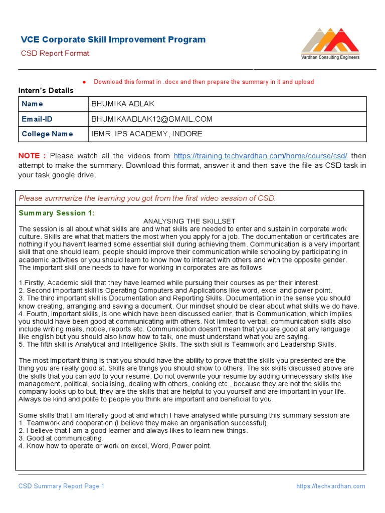 VCE Corporate Skill Improvement Program CSD Report Format Summary | PDF ...