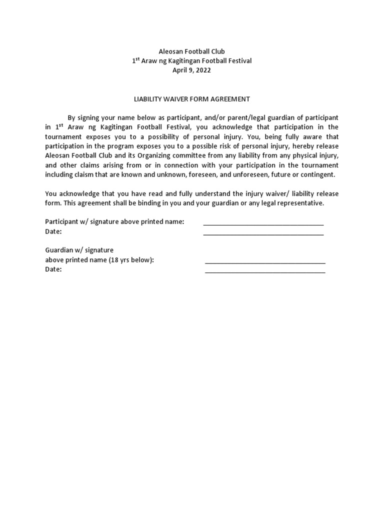 Football Festival Liability Waiver | PDF