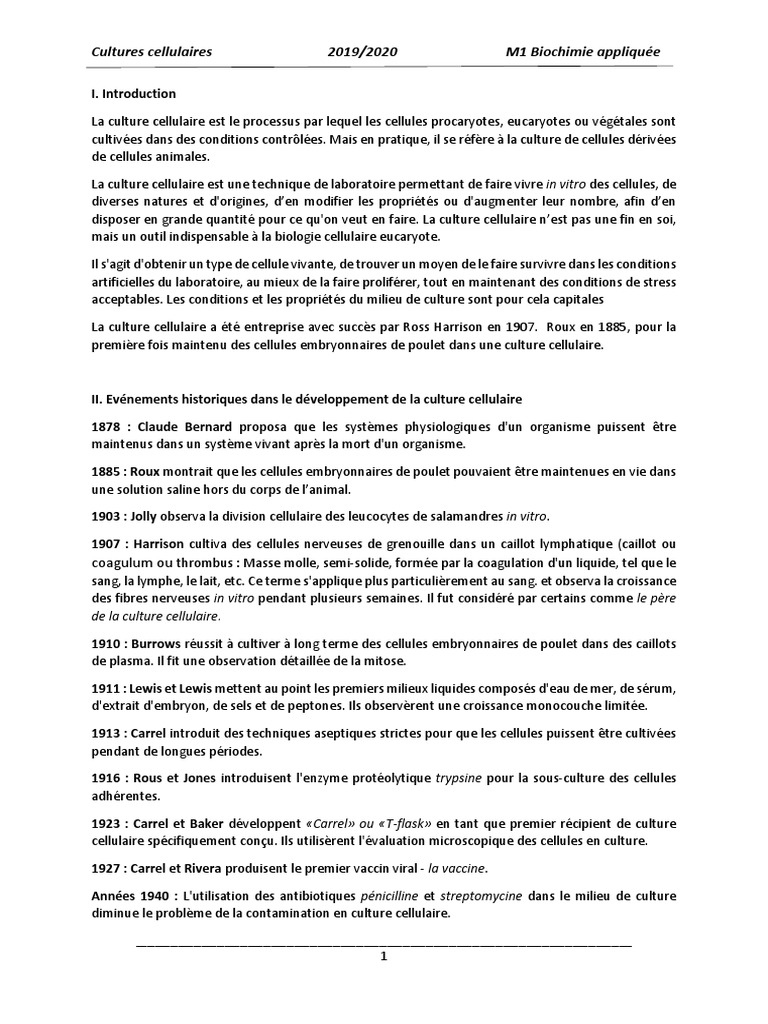 Bendjabeur Cours de Cultures Cellulaires M1 Biochimie Appliquée | PDF ...
