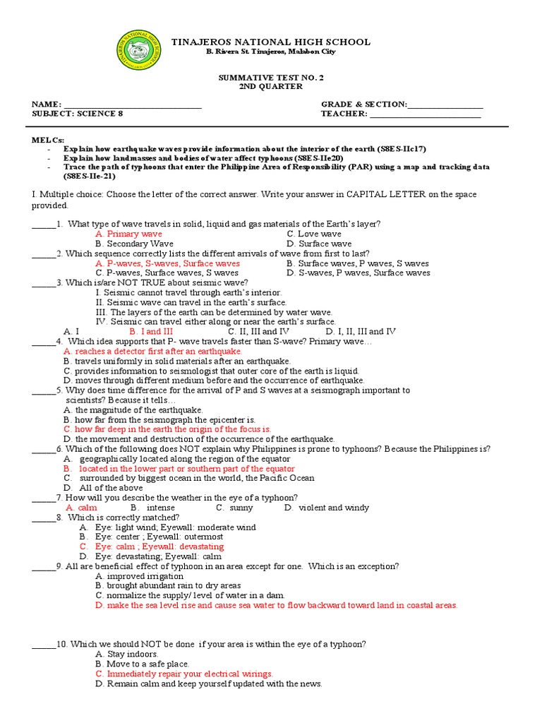 Q2 Summative Test 2 Grade 8 | PDF | Seismology | Tropical Cyclones