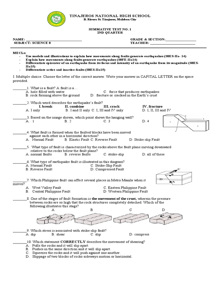 Q2 Summative Test 1 Grade 8 - Updated | PDF | Earthquakes | Fault (Geology)