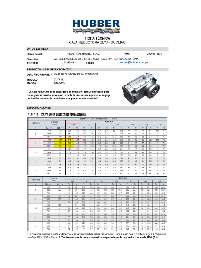Industrias Hubber - Ficha Tecnica Caja Reductora Guomao | PDF