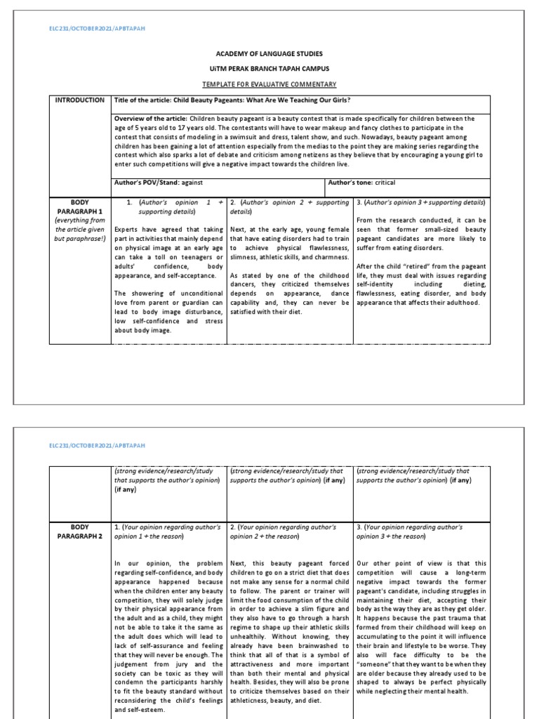 EVALUATIVE COMMENTARY ELC231 Fatini & Fathiah | PDF | Self Esteem | Beauty