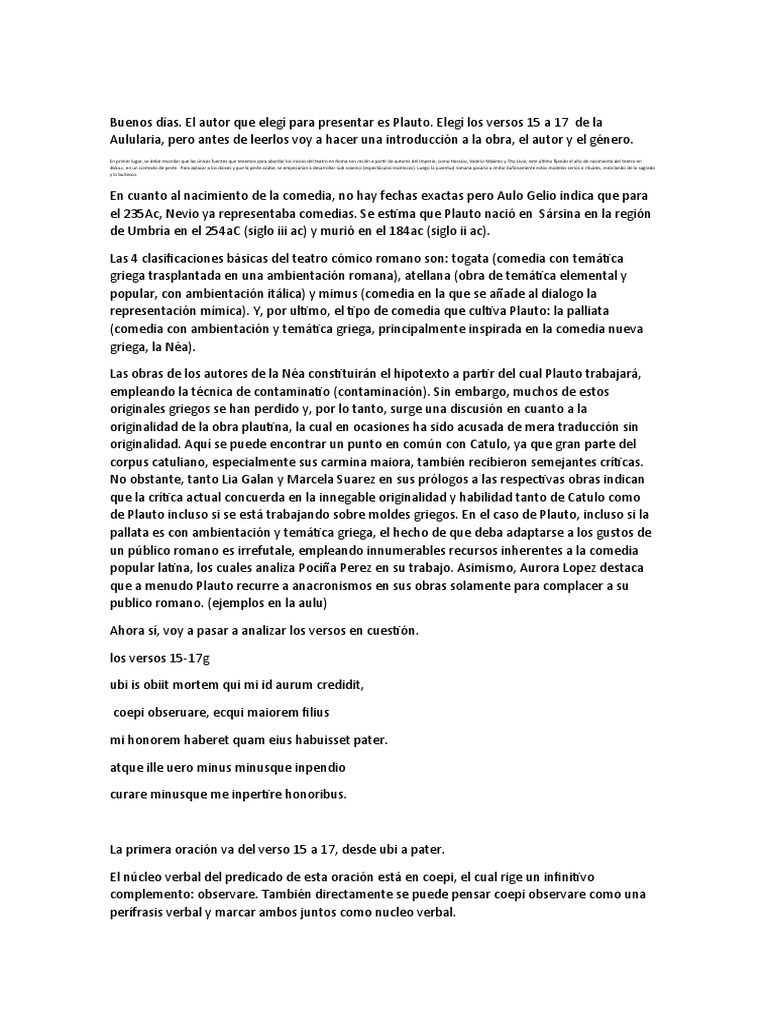 Análisis de Plauto en Aulularia | PDF | Verbo | Objeto (gramática)