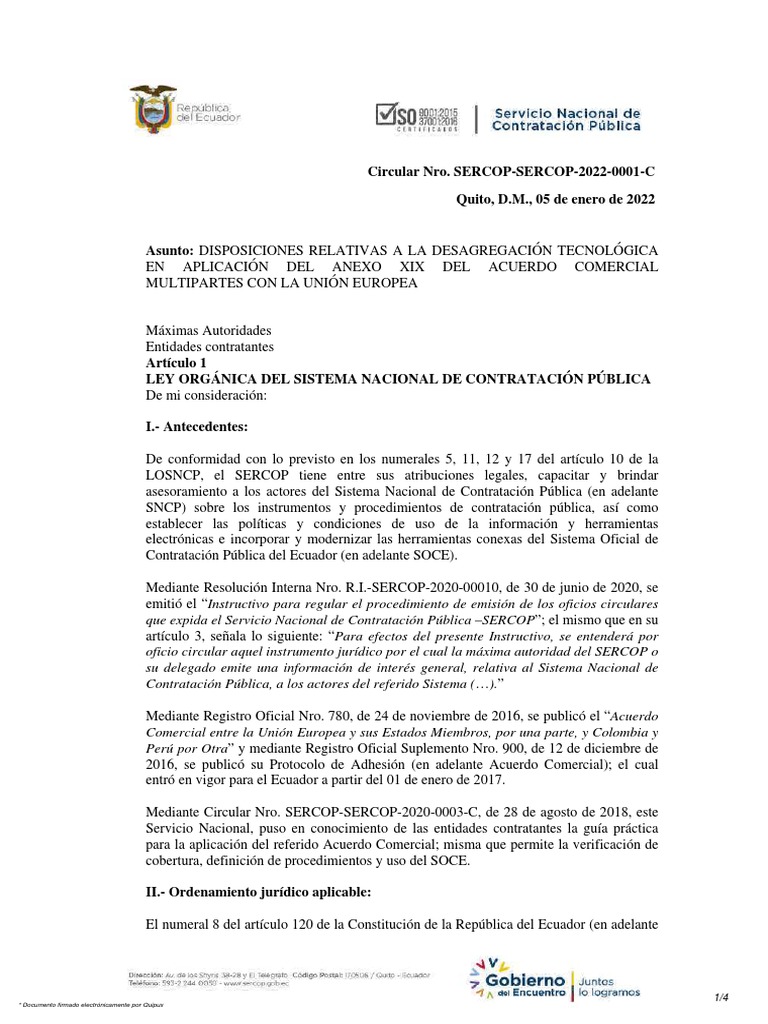 Circular - Sercop Sercop 2022 0001 C | PDF | Ecuador | Tratado